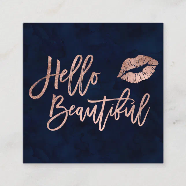 Hello beautiful typography rose gold kiss blue square business card ...
