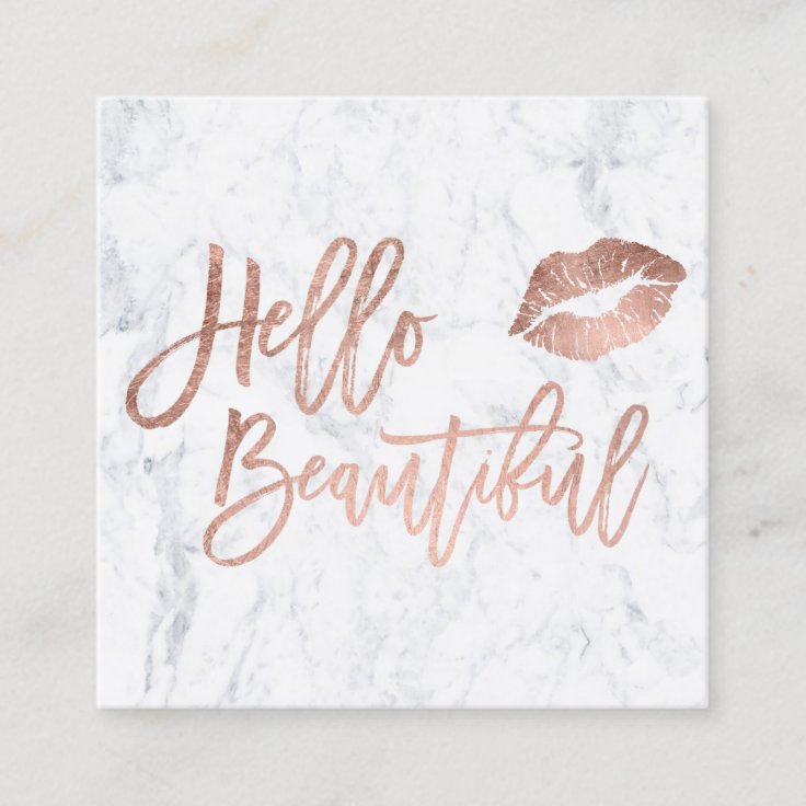 Hello beautiful typography rose gold kiss marble square business card ...