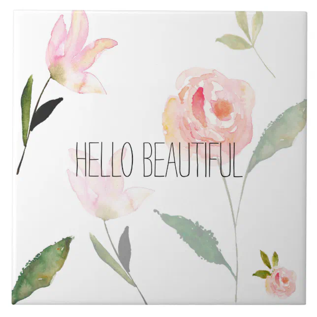 Hello Beautiful Watercolor Floral Tile | Zazzle