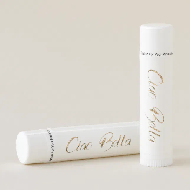 Hello Beauty Ciao Bella White Gold Glitter Script Lip Balm | Zazzle