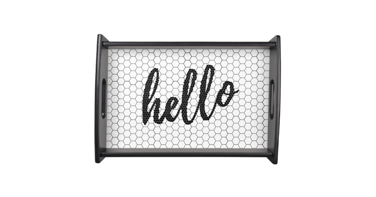"Hello" Black And White Tile Design Serving Tray | Zazzle