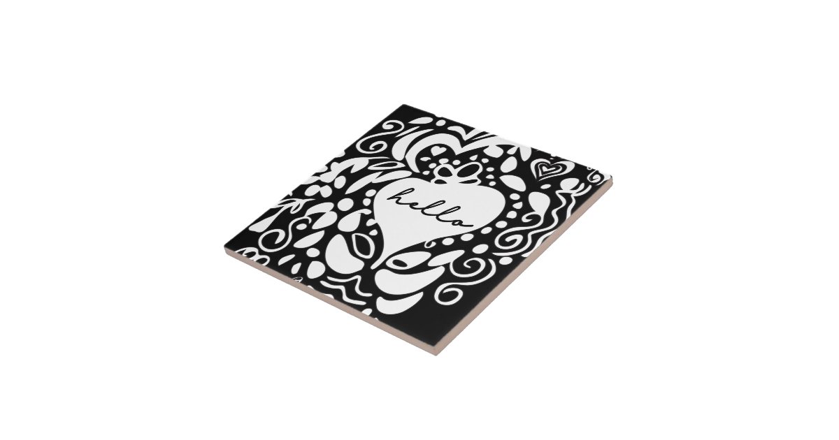 "Hello" Black & White, hearts, leaves pattern Ceramic Tile | Zazzle