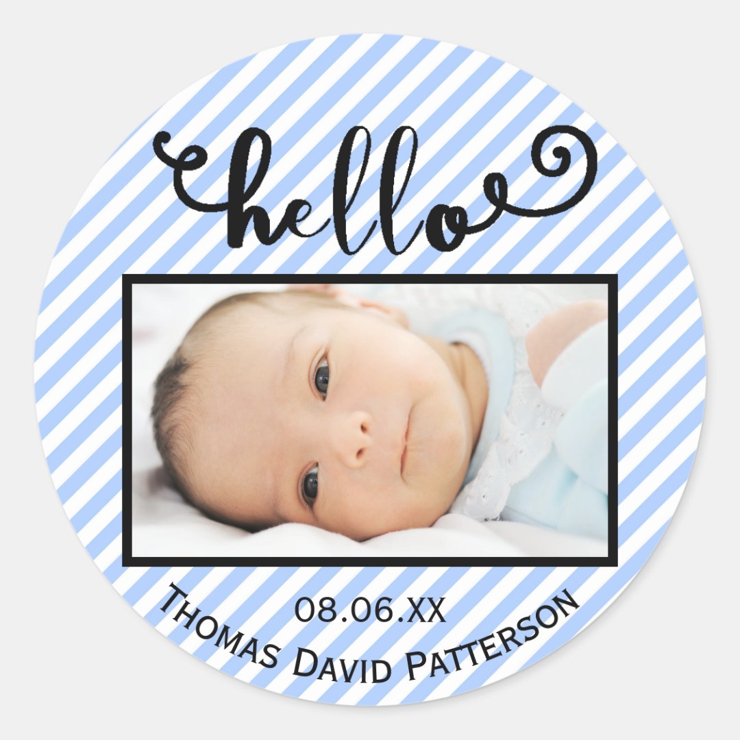 hello blue stripes/photo - Circle Sticker | Zazzle