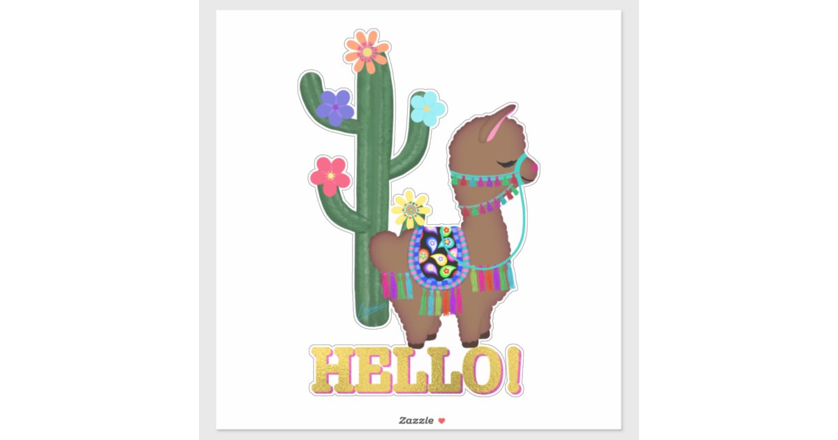 Hello! | Cute Llama and Cactus Sticker | Zazzle