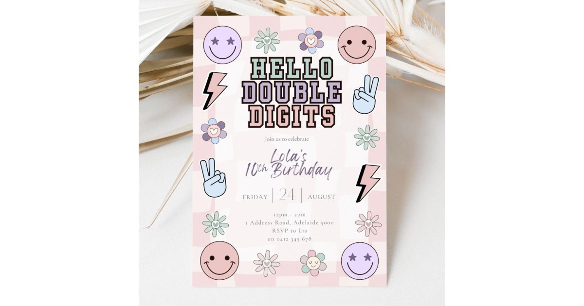 Hello Double Digits Birthday Invitation Girl, 10th | Zazzle