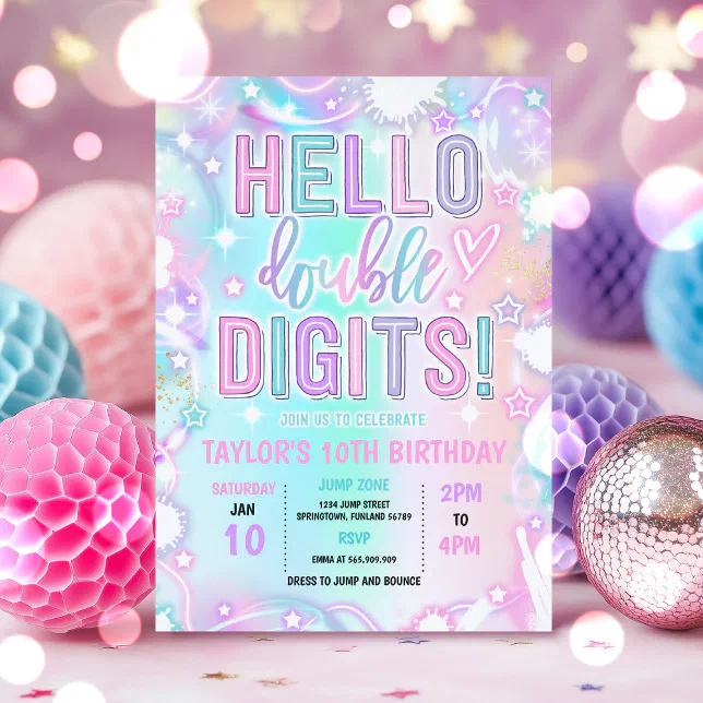Hello Double Digits Tie Dye Neon 10th Birthday Invitation | Zazzle