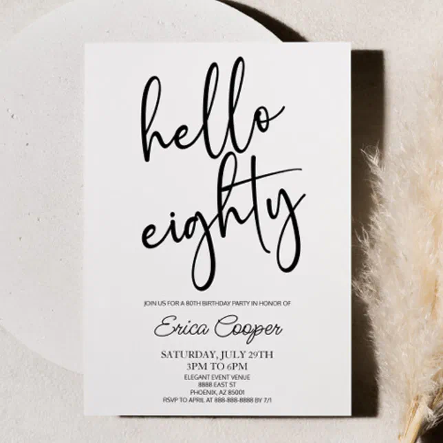 Hello Eighty Minimal Elegant 80th Birthday Party Invitation | Zazzle