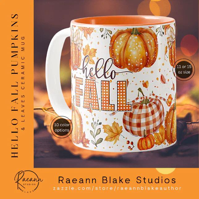 "Hello Fall" Pumpkins and Leaves Ceramic Mug | Zazzle