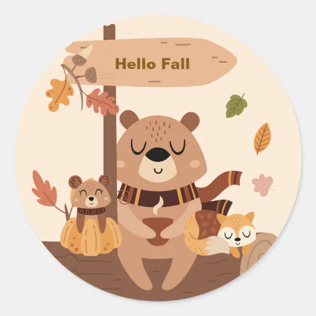 Hello Fall – Woodland Animals Autumn Classic Round Sticker | Zazzle