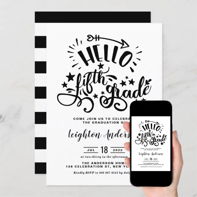 Hello Fifth Grade | Black Fourth Grade Graduation Invitation | Zazzle