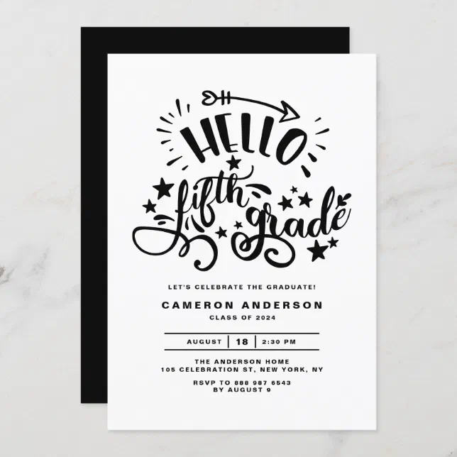 Hello Fifth Grade | Black Fourth Grade Graduation Invitation | Zazzle