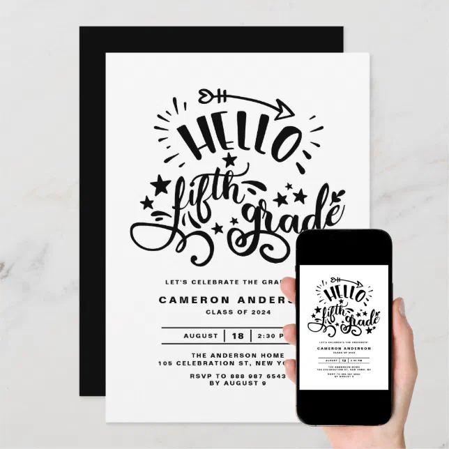 Hello Fifth Grade | Black Fourth Grade Graduation Invitation | Zazzle