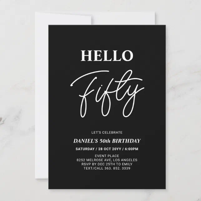 Hello Fifty | Modern Black 50th Birthday Party Invitation | Zazzle