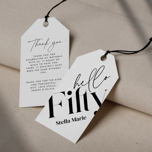 Hello fifty modern minimal elegant 50th birthday gift tags | Zazzle