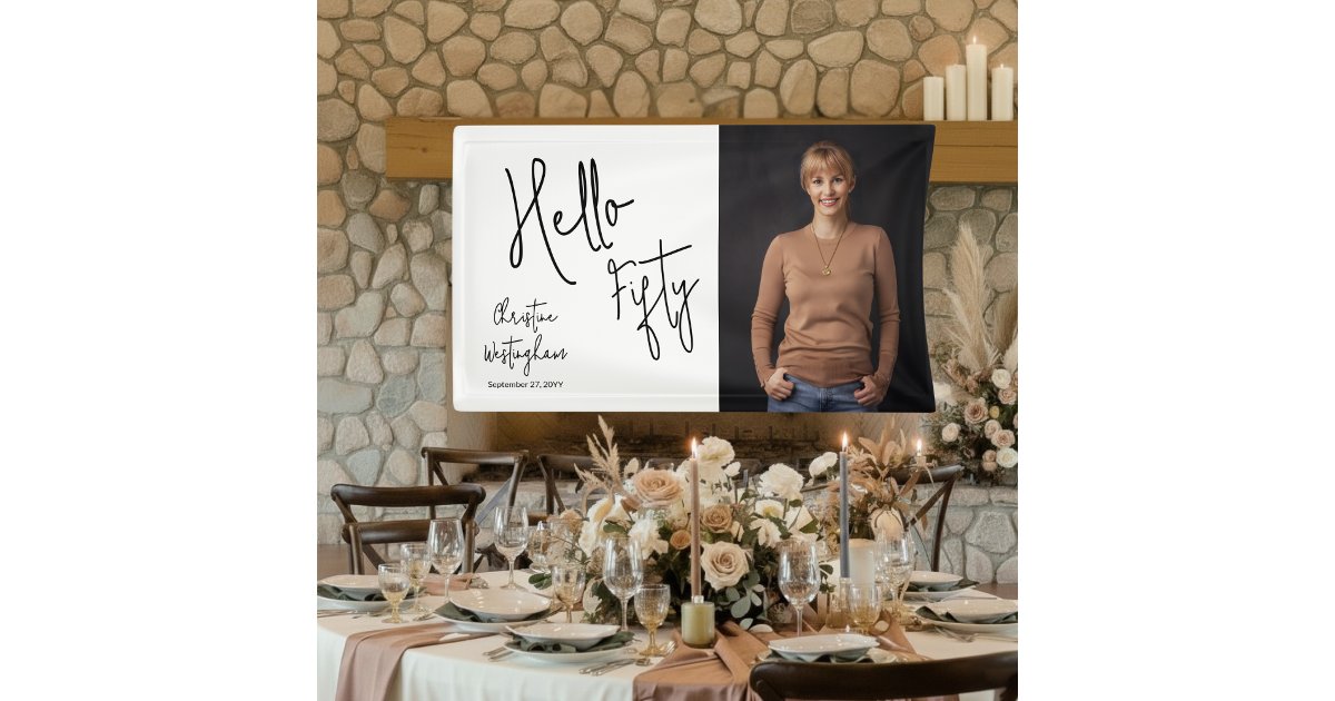Hello Fifty Photo Script 50th Birthday Party Banner | Zazzle
