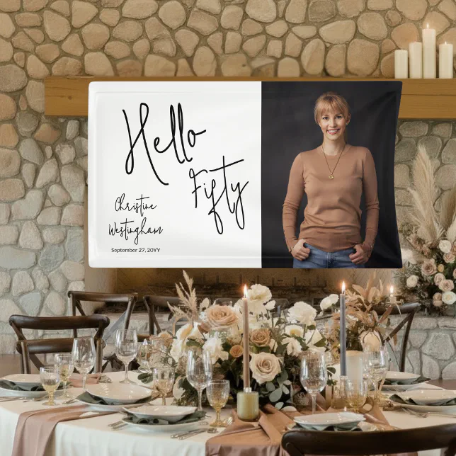 Hello Fifty Photo Script 50th Birthday Party Banner | Zazzle