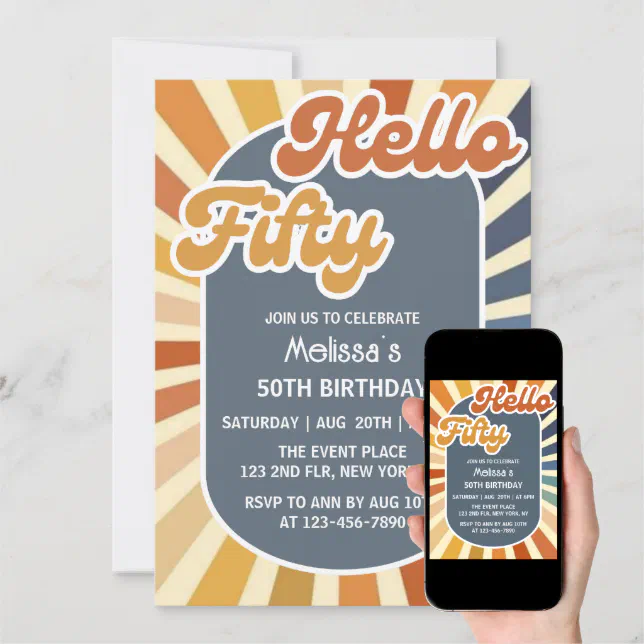 Hello Fifty Retro Sun Groovy Wave 50th Birthday Invitation | Zazzle