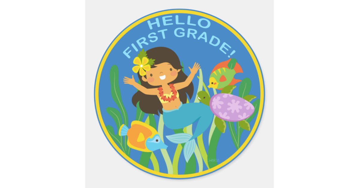 Hello First Grade! Back To School Mermaid Classic Round Sticker | Zazzle