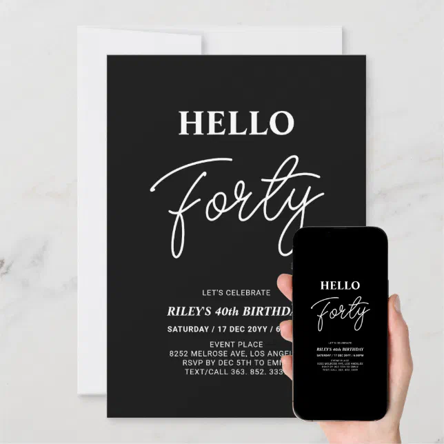 Hello Forty | Modern Black 40th Birthday Party Invitation | Zazzle