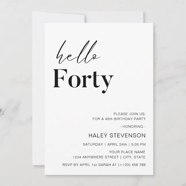 Hello Forty Modern White Minimalist 40th Birthday Invitation | Zazzle