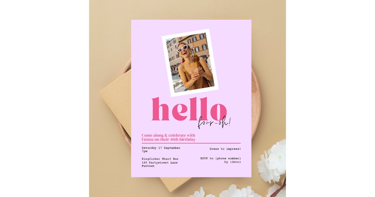 "Hello, four-oh!" 40th birthday purple Invitation Postcard | Zazzle