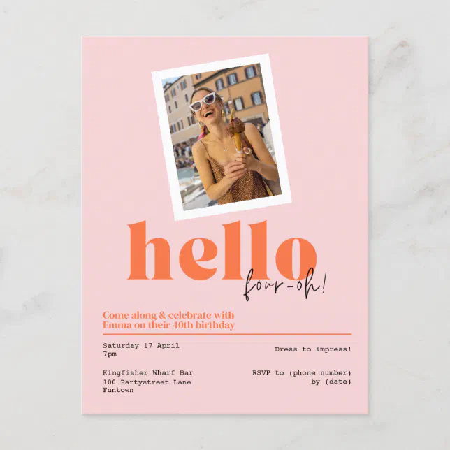 "Hello, four-oh!" 40th birthday retro Invitation Postcard | Zazzle