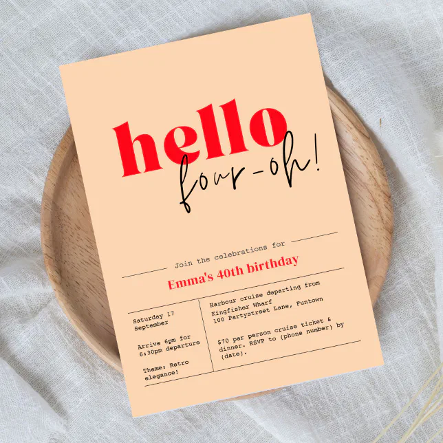 hello, four-oh! Minimalist 40th birthday Invitation | Zazzle