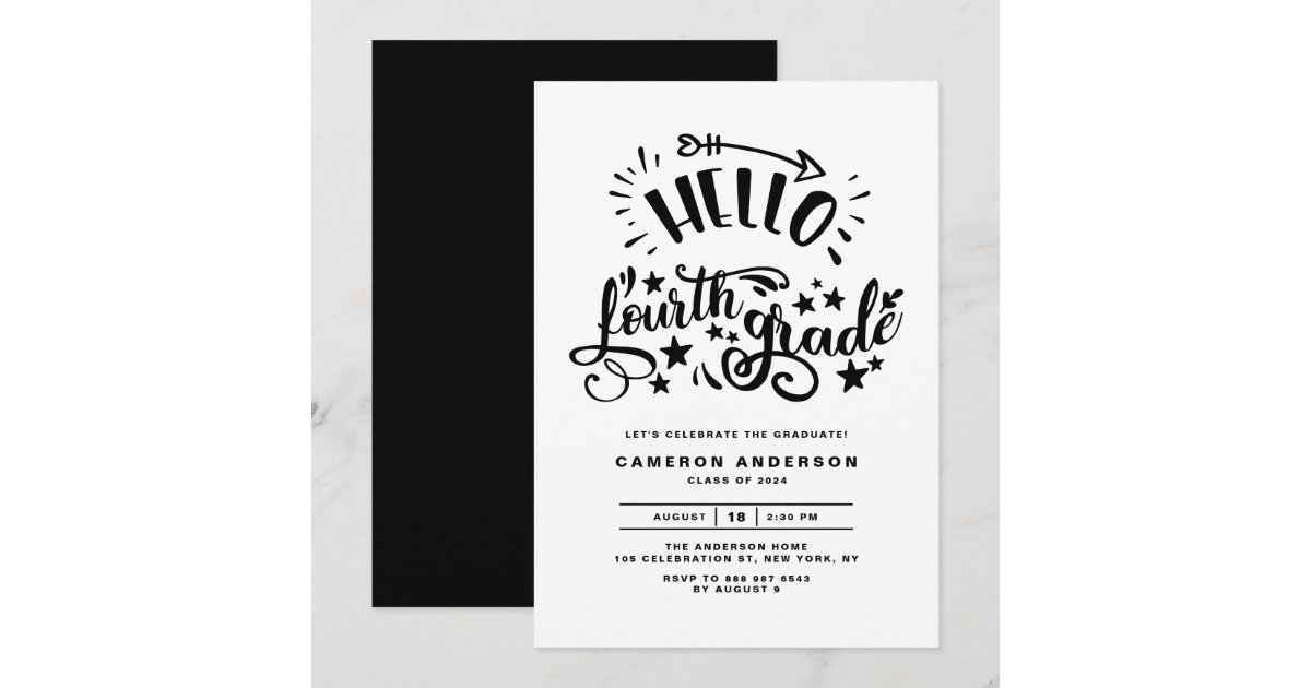 Hello Fourth Grade | Black Third Grade Graduation Invitation | Zazzle