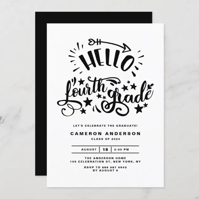 Hello Fourth Grade | Black Third Grade Graduation Invitation | Zazzle