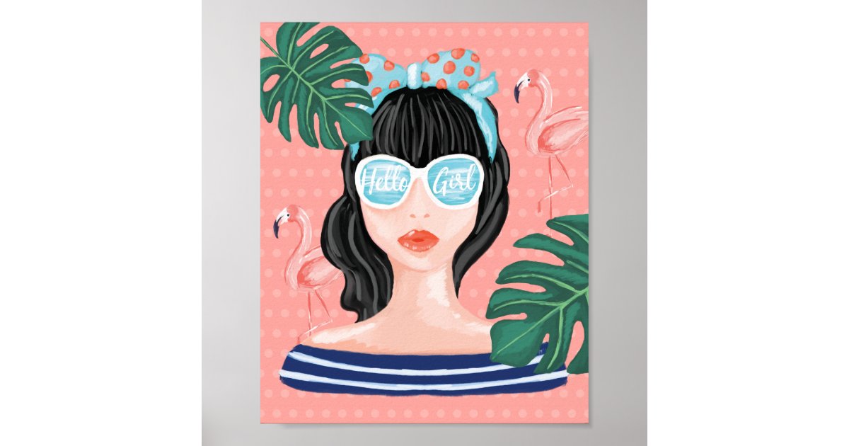 Hello Girl | Beach Beauty Retro Tropical Flamingo Poster | Zazzle