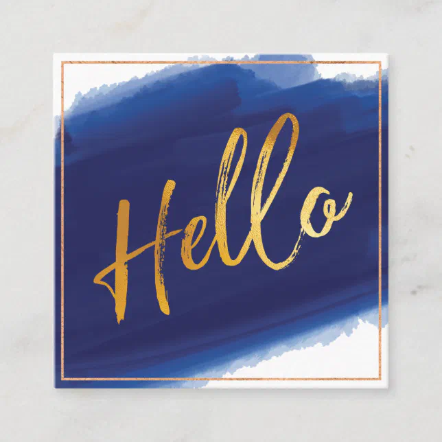 Hello Gold Script | Navy Watercolor Brush Stroke Square Business Card ...