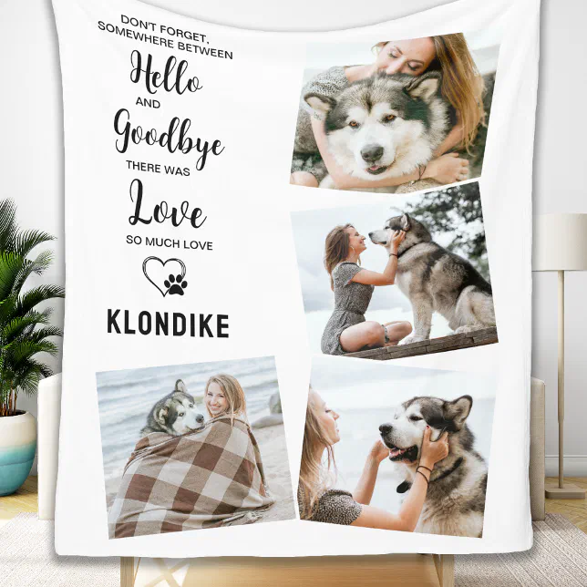 Hello Goodbye Pet Dog Memorial Photo Collage Fleece Blanket | Zazzle