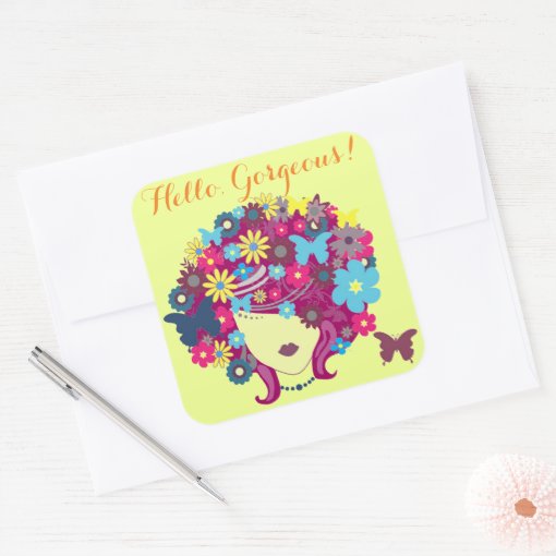 Hello, Gorgeous! Beautiful Flower Lady Square Sticker | Zazzle