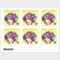 Hello, Gorgeous! Beautiful Flower Lady Square Sticker | Zazzle
