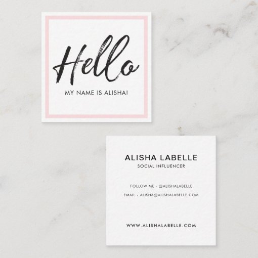 Hello Introduction Brush Script & Pink Frame Square Business Card | Zazzle