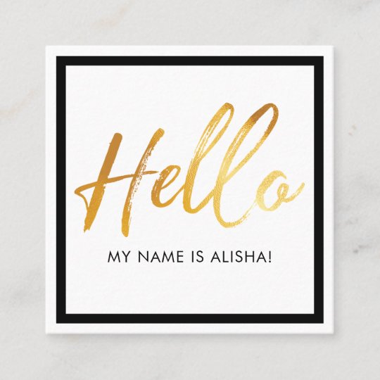 Hello Introduction Gold Brush Script & Black Frame Square Business Card ...