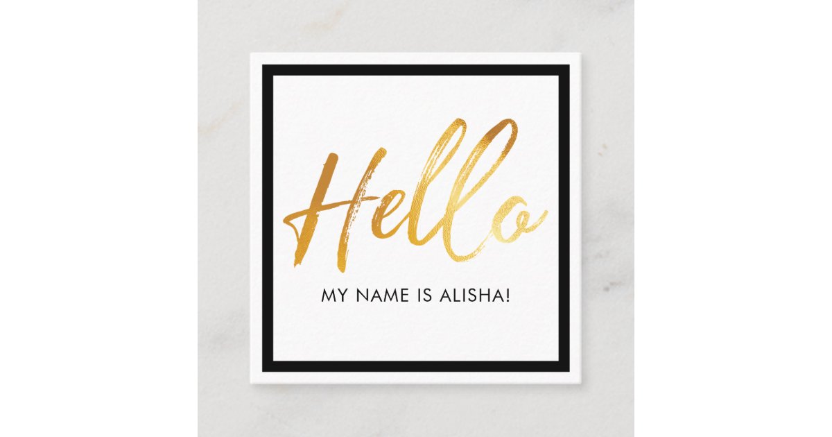 Hello Introduction Gold Brush Script & Black Frame Square Business Card ...