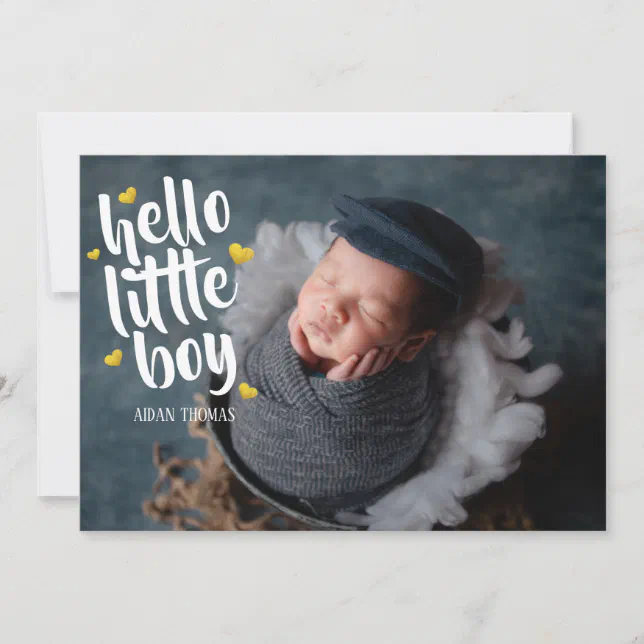 Hello little boy Gold Heart Photo Collage Birth Announcement | Zazzle