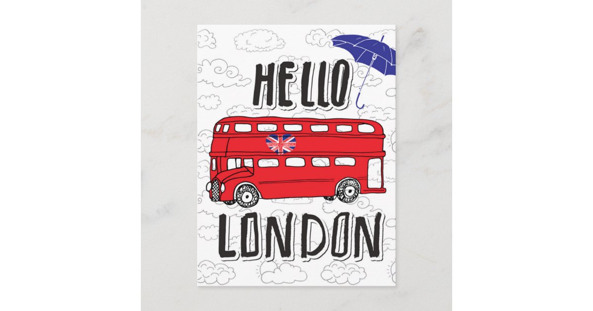 Hello London | Hand Lettered Sign With Umbrella Postcard | Zazzle