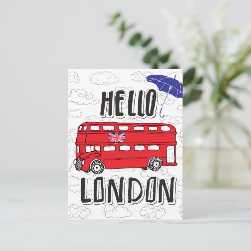 Hello London | Hand Lettered Sign With Umbrella Postcard | Zazzle