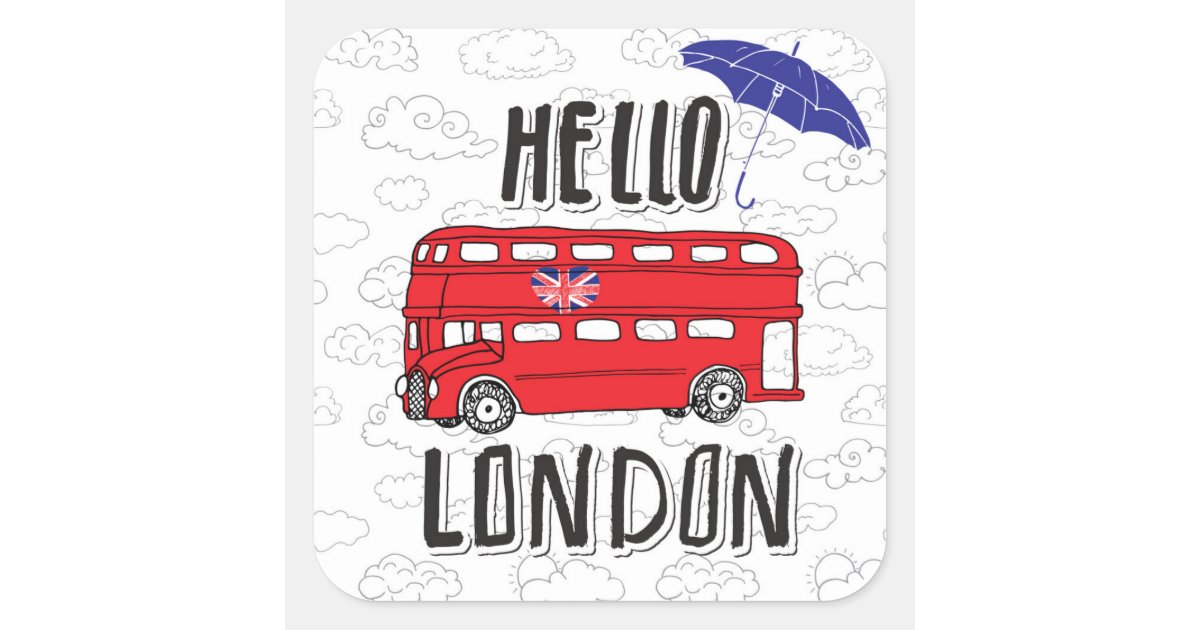 Hello London | Hand Lettered Sign With Umbrella Square Sticker | Zazzle