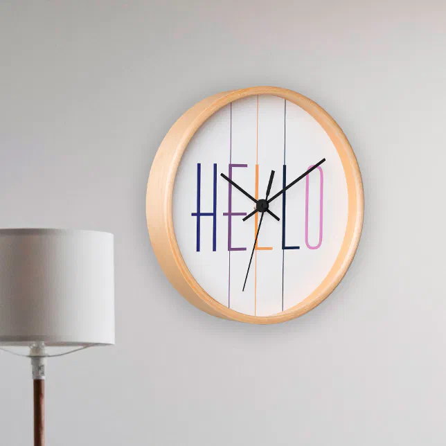 Hello modern striped colorful typography round clock | Zazzle