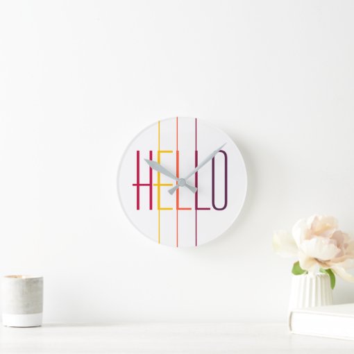 Hello modern striped multicolored typography round clock | Zazzle