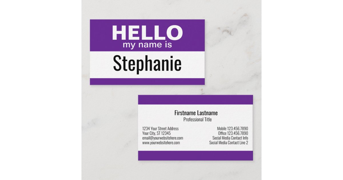 Hello my name is - Purple - Business Contact Info Business Card | Zazzle