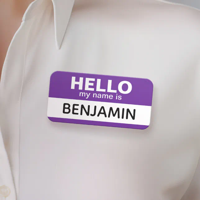 Hello my name is - Purple - Custom Employee Name Tag | Zazzle