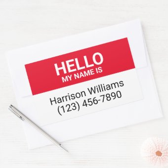 Hello my name is red & white custom name id badge rectangular sticker ...