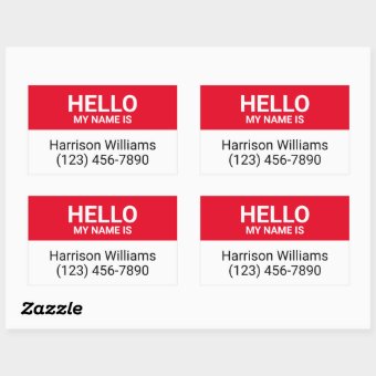 Hello my name is red & white custom name id badge rectangular sticker ...