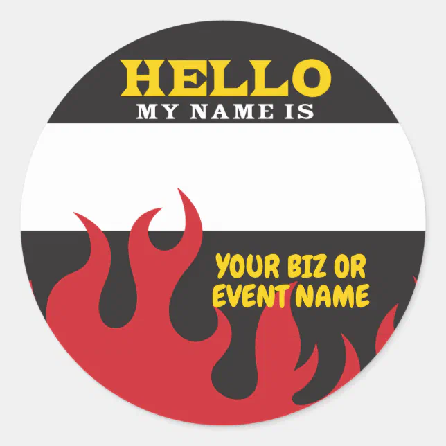Hello name tag for barbecue event with flames | Zazzle