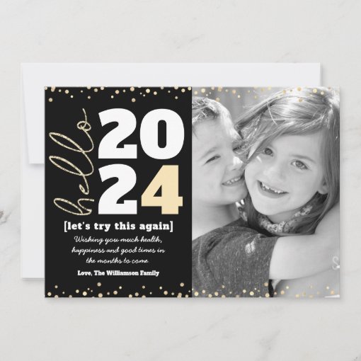 Hello New Year Black Gold Modern Custom Year Photo Holiday Card | Zazzle