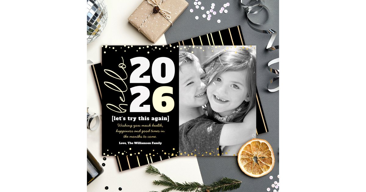 Hello New Year Photo Bold Type Black Real Gold Foil Holiday Card | Zazzle